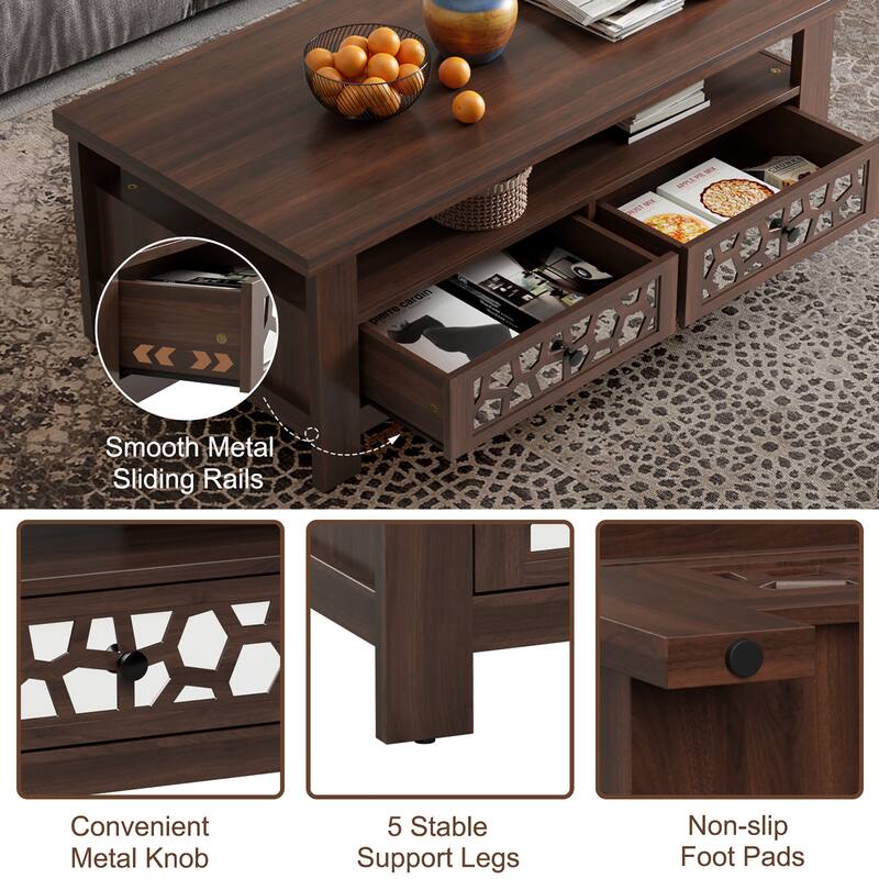 Coffee Table with2 Drawers & Open Shelf Modern Rectangular Wood ...