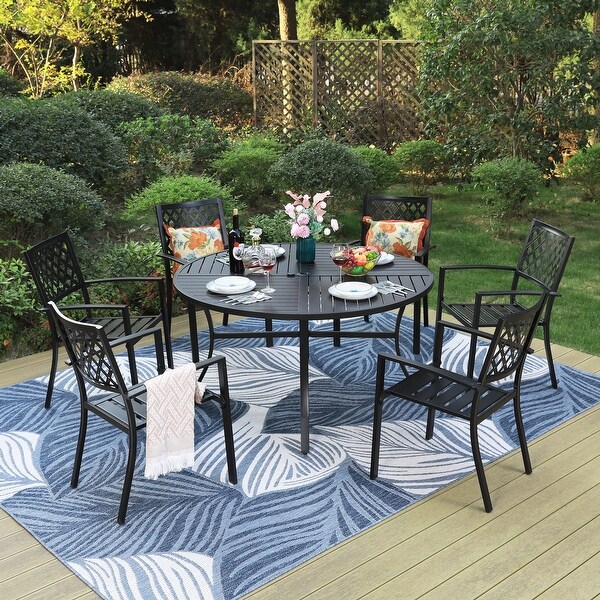 MAISON ARTS 7 Pieces Outdoor Dining Set for 6 Large Round Dining Table with Umbrella Hole Stackable Metal Chairs On Sale Bed Bath Beyond 40545189