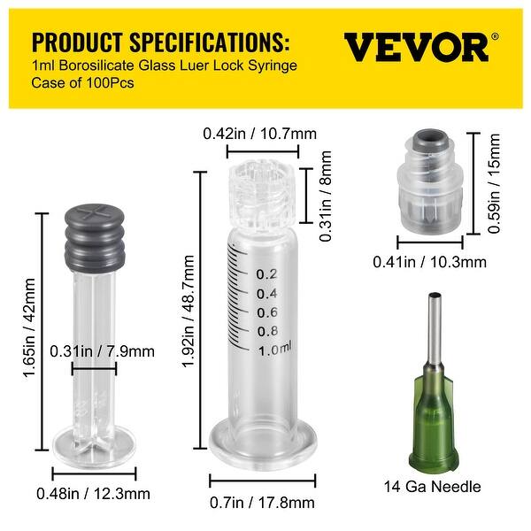 VEVOR 100PCS Reusable Borosilicate Glass Luer Lock Syringe 1mL with ...