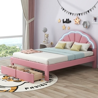 Seashell-Shaped Platform Bed Frame with 2 Drawers & LED-Queen, Pink ...