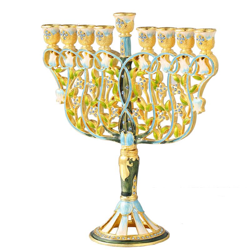 Matashi Hand Painted Enamel Menorah Candelabra w/ Flowers Design & Blue ...