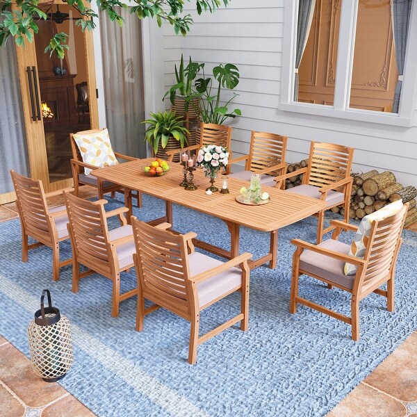 MAISON ARTS Outdoor 7 9 Piece Solid Acacia Wood Dining Set Expandable Dining Table and 6 8 Wood Dining Chairs