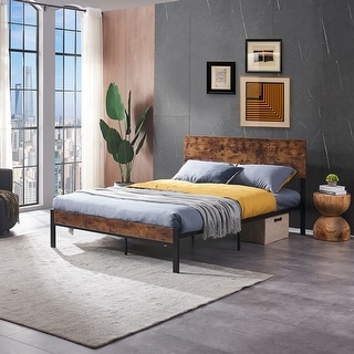 Rustic Brown Bed Frame with Wood Headboard,Full Size Frame Metal Legs ...