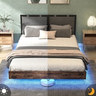 Floating Bed Frame with LED Lights, Hanging Upholstered Headboard - Bed ...