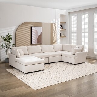 6-Seater Beige Sectional Sofa U-Shape Corner Sofa Sleeper Couch - Bed Bath & Beyond - 40980180