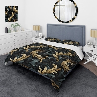 Designart "Black Ink Seamless Calligraphy Flourishes I" Gold Damask ...