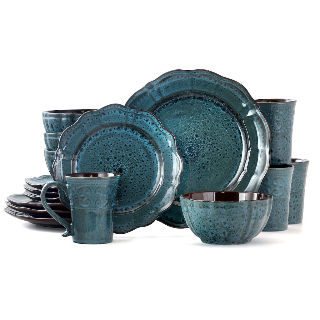 Elama Reactive Ocean 16 Piece Round Stoneware Dinnerware Set in Blue ...