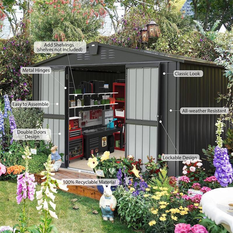 10x8ft Outdoor Metal Storage Shed,Galvanized Steel Outdoor Storage ...