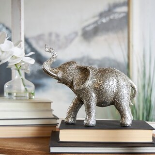 Silver Polystone Engraved Floral Elephant Decorative Sculpture - Bed ...