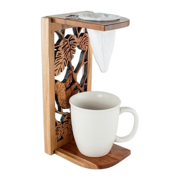 Novica Handmade Jungle Sloth Teak Wood Single-Serve Drip Coffee Stand ...