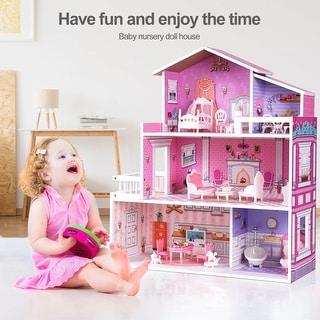 Wooden Dollhouse for Kids with 24pcs Furniture Preschool Dollhouse ...