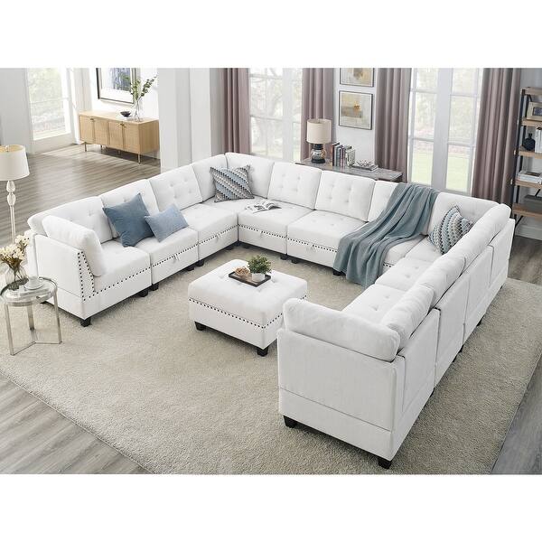 Ivory Chenille 12-Piece U-Shaped Modular Sectional Sofa with Bonus Storage - Bed Bath & Beyond ...