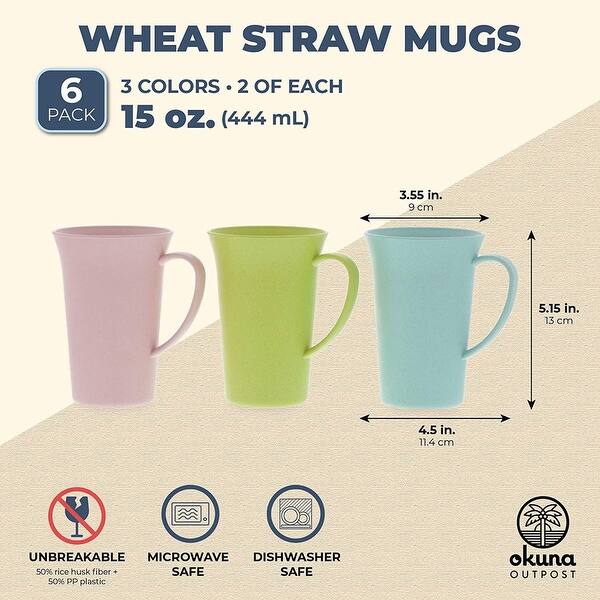 6 Pcs Wheat Straw Mugs with Handle, Unbreakable Coffee Cups, 3 Colors ...