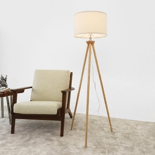 Simple three-legged wooden floor lamp, LED standing lamp - Brown - Bed ...