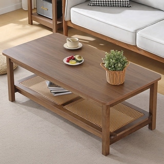 2-Tier Rectangular Coffee Table with Rattan Storage Shelf - 47.2"L x 23.6"W x 18"H - Bed Bath ...