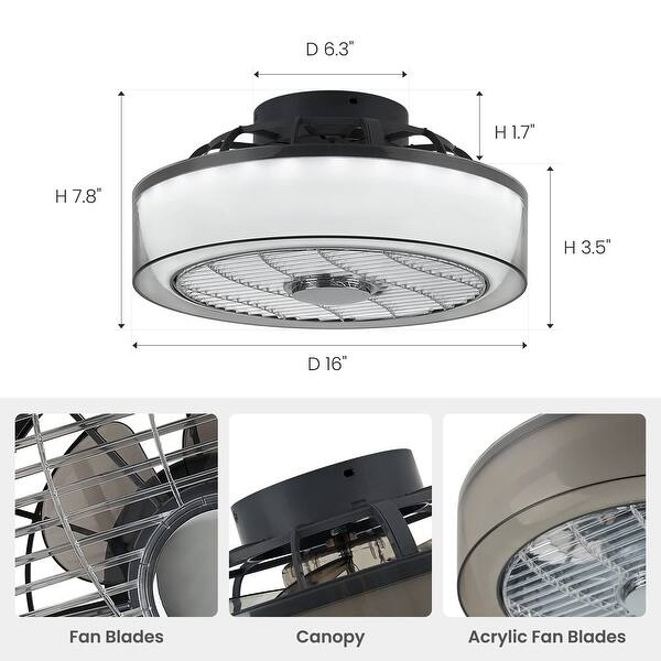 Nflare 16 in.Indoor Smoky Gray Low Profile Ceiling Fan with Dimmable ...