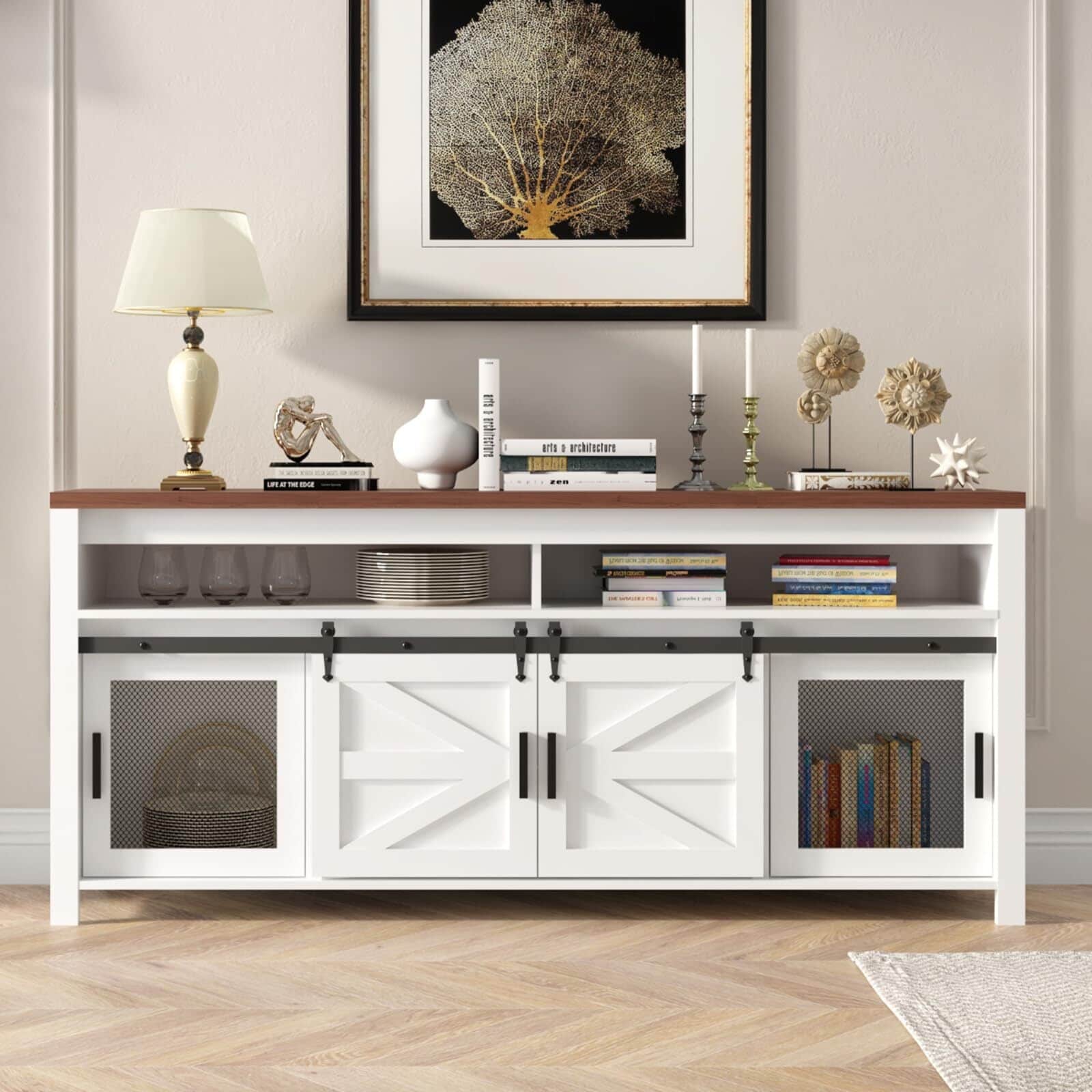 White Farmhouse Electric Fireplace TV Stand with Sliding Barn Doors Adjustable Shelves and Spacious Storage Cabinet Bed Bath Beyond 38353816