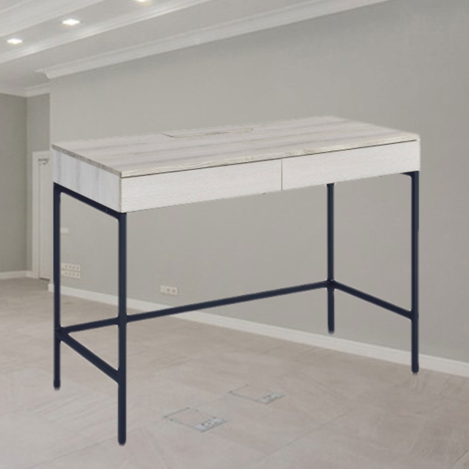 Rustic Modern Writing Desk with Two Drawers Smooth Metal Glide System and Durable Wood and Metal Construction for Office Use