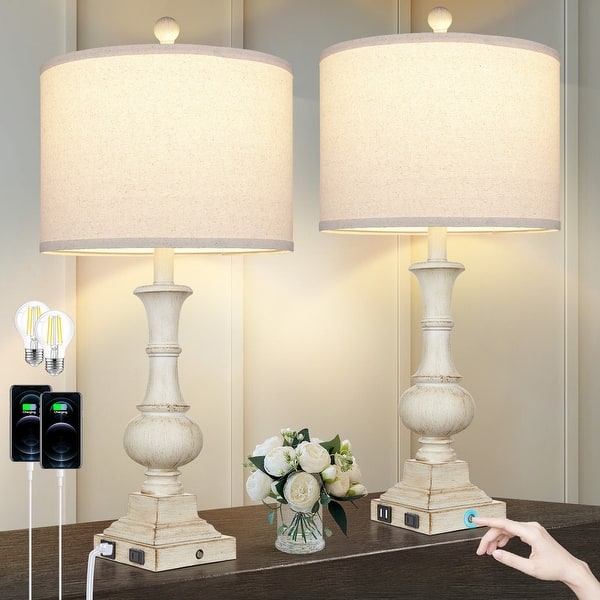 White Resin Table Lamps USB Port Type-C Port AC Outlet 3-Way Touch ...