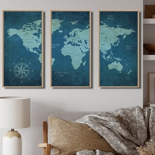 Designart "Slate World Map II" Traditional Framed Wall Decor Set of 3 ...
