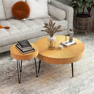 Set of 2 Wooden Coffee Table with Metal Legs and Adjustable Foot Pads ...