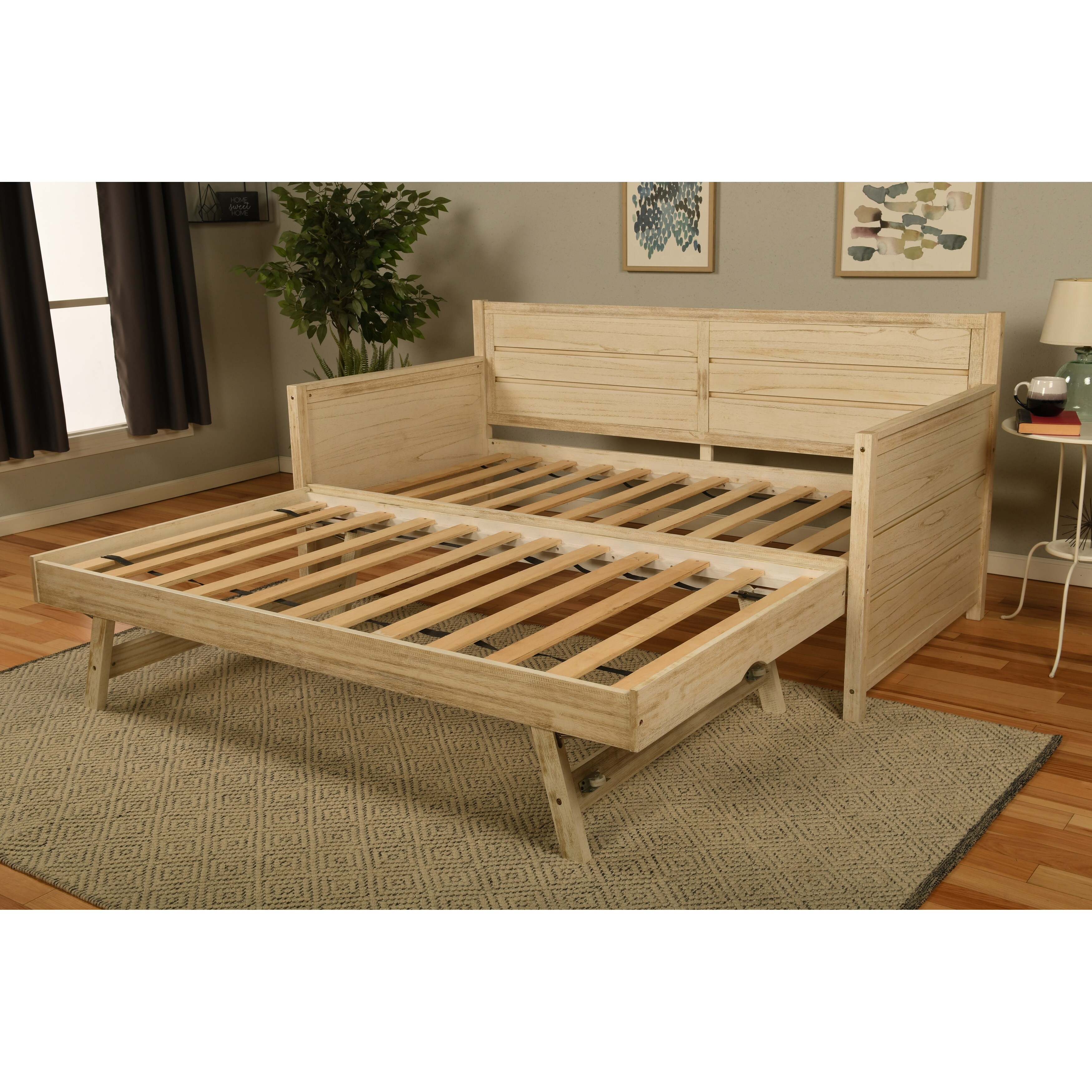 Somette Marisa Daybed Frame with Pop Up Trundle in Weathered White Mattresses Not Included Twin King