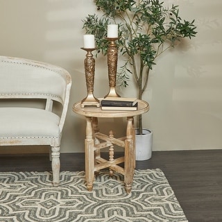 Cream Mango Wood Whitewashed Accent Table with Silver Beaded Rim and ...