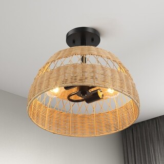 Twinre Rattan Semi-Flush Ceiling Light, Farmhouse Double Light Fixture ...