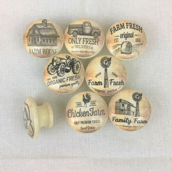 Set of 8 Vintage Farmhouse print wood cabinet knobs - 1.5" Wide - Bed ...