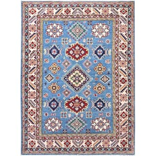 Shahbanu Rugs Cornflower Blue Wool Hand Knotted Kazak Tribal Medallions ...