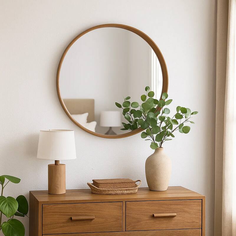 Roe 40 Inch Round Accent Mirror, Brown Pine Wood Frame, Wall Hung ...