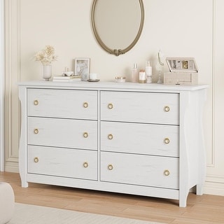 6-Drawer Modern Wood Dresser with Golden Ring Pull Handles, Wide ...