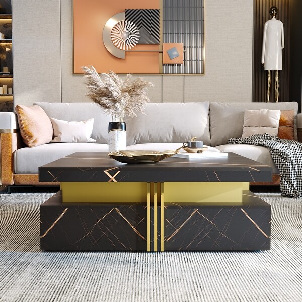 Stylish Storage Coffee Table Square Cocktail Tea Table Moderate Luxury Center Table with 4 Storage Drawers for Living Room Black