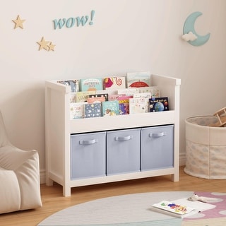 Kids 3-Tier Front-Facing Bookshelf with 3 Fabric Bins - Wooden Toddler ...
