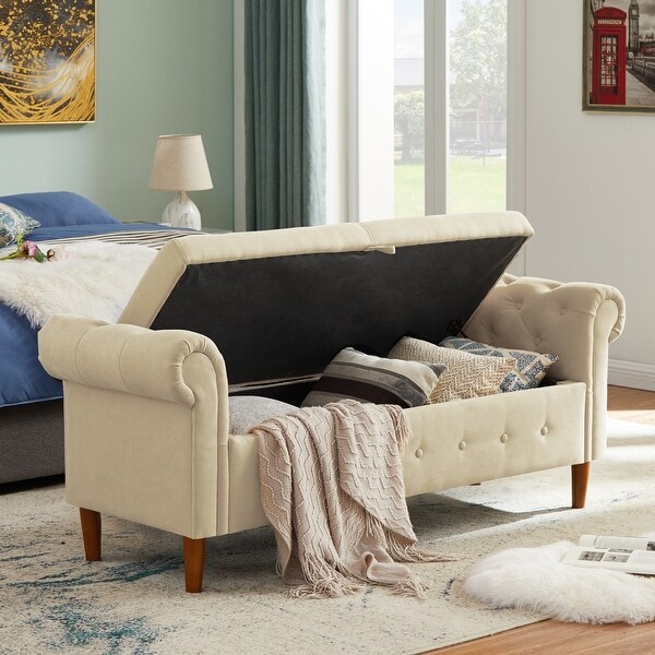 Storage Bench for Bedroom End of Bed Rolled Armed Linen Fabric Ottoman Couch Long Bench On Sale Bed Bath Beyond 39201523