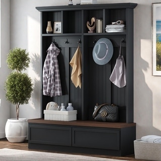 55.9"W 4-in-1 Hall Tree with Wood Grain Bench, Coat Rack with 2 Large ...