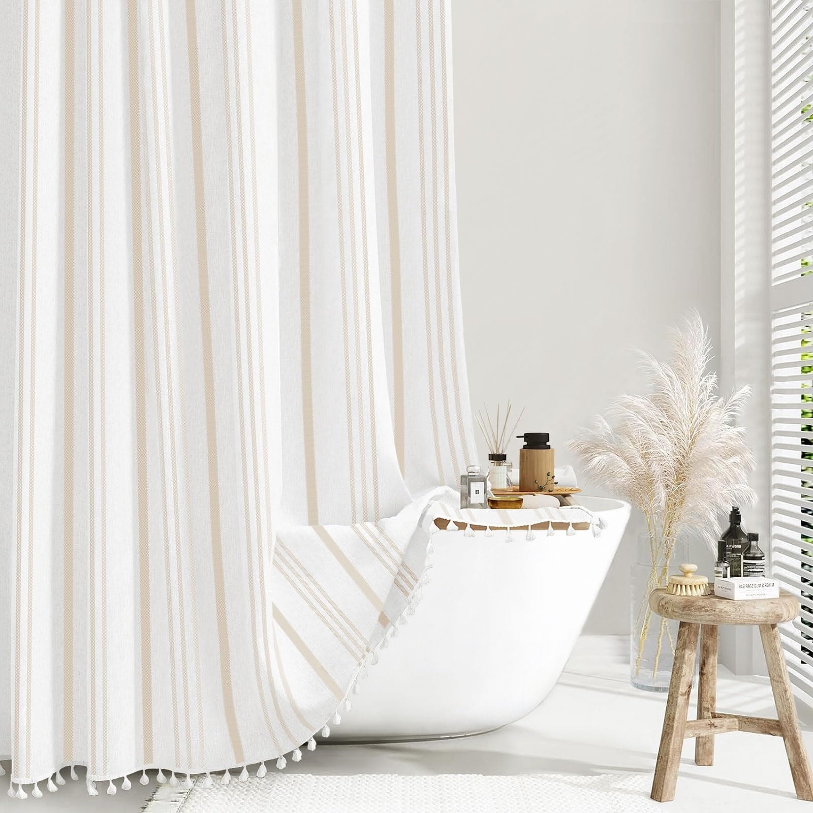 Beige Boho White Linen Cotton Cloth Striped 84 inch Shower Curtain