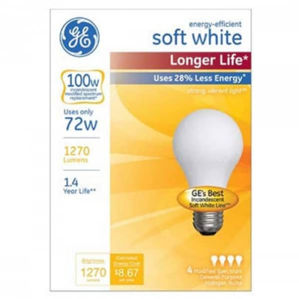 GE Lighting 70284 Energy-Efficient A19 Halogen Bulb, Soft White, 72W, 4 ...