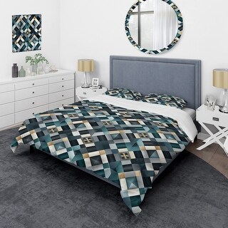 Designart "Grey And Teal Matrix Grid" Grey Modern Bed Cover Set With 2 ...