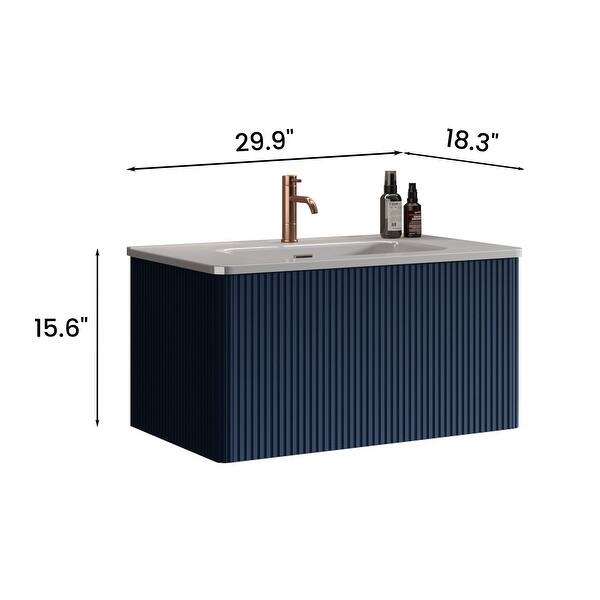 30" Striped Navy Blue Bathroom Vanity with White Ceramic Sink, Wall ...