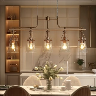 Haye Modern Gold Brass 5-Light Chandelier Seeded Glass Kitchen Island ...