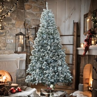 7.5' Flocked Christmas Tree with 500 Cold White LED Lights - Green ...