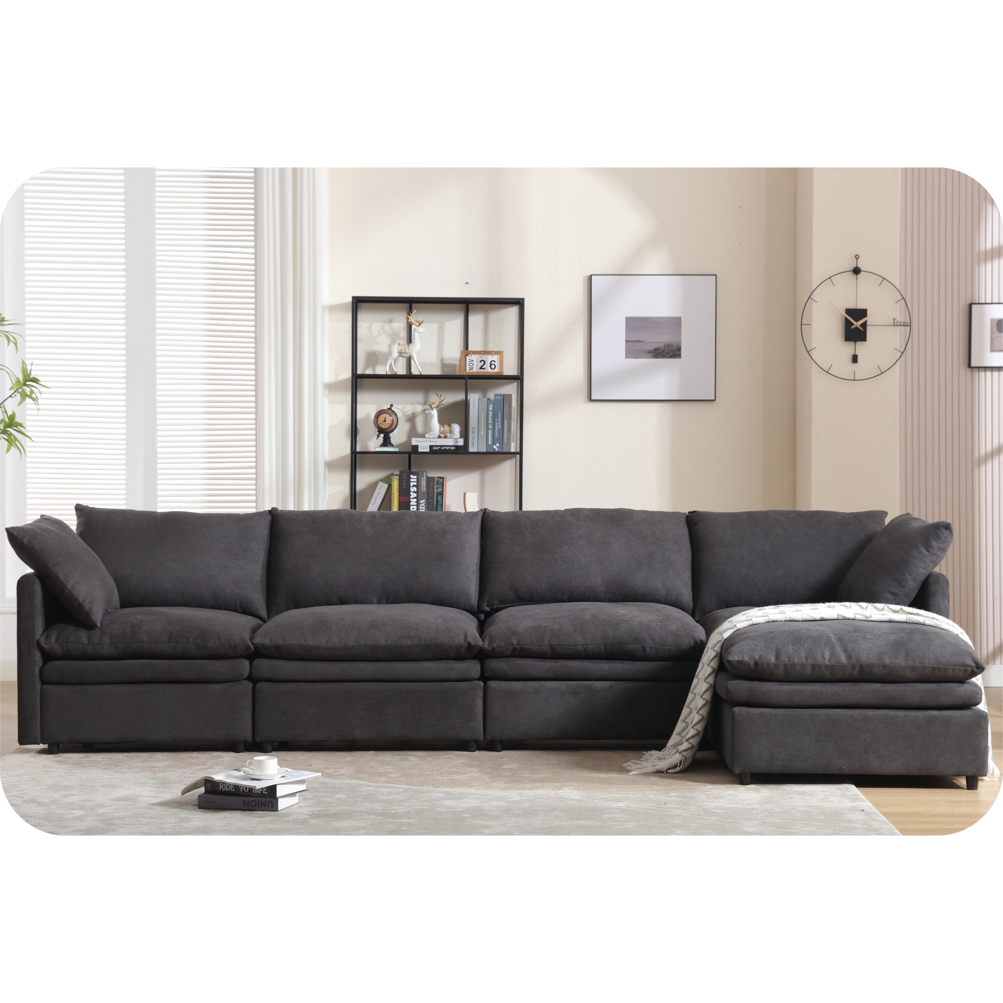 Contemporary 5 Seat Upholstered Sofa with Chaise Lounge Dark Gray Polyester Bed Bath Beyond 40782232