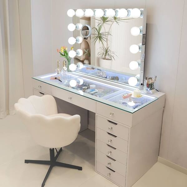 VANITII Hollywood Modern Vanity Dressing Makeup Table with 13-Drawer 15 ...