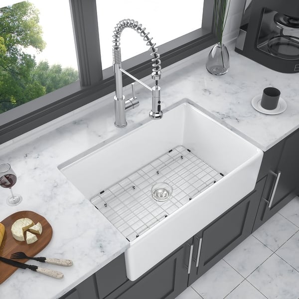 White Ceramic 30 in. Single Bowl Farmhouse Apron Kitchen Sink with ...