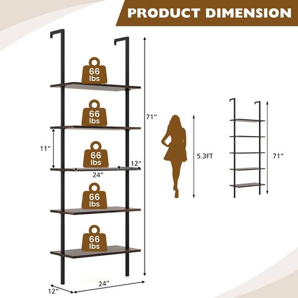 Gymax 5 Tier Ladder Shelf 71'' Height Wall-Mounted Bookshelf Display ...