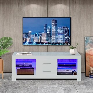 63''W Modern Simple LED Lights TV Stand Console with 2 Glass Shelf&2 ...