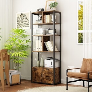 4-Tier Wooden Shelf with Drawers and Cabinet - Rustic Elegance Display ...