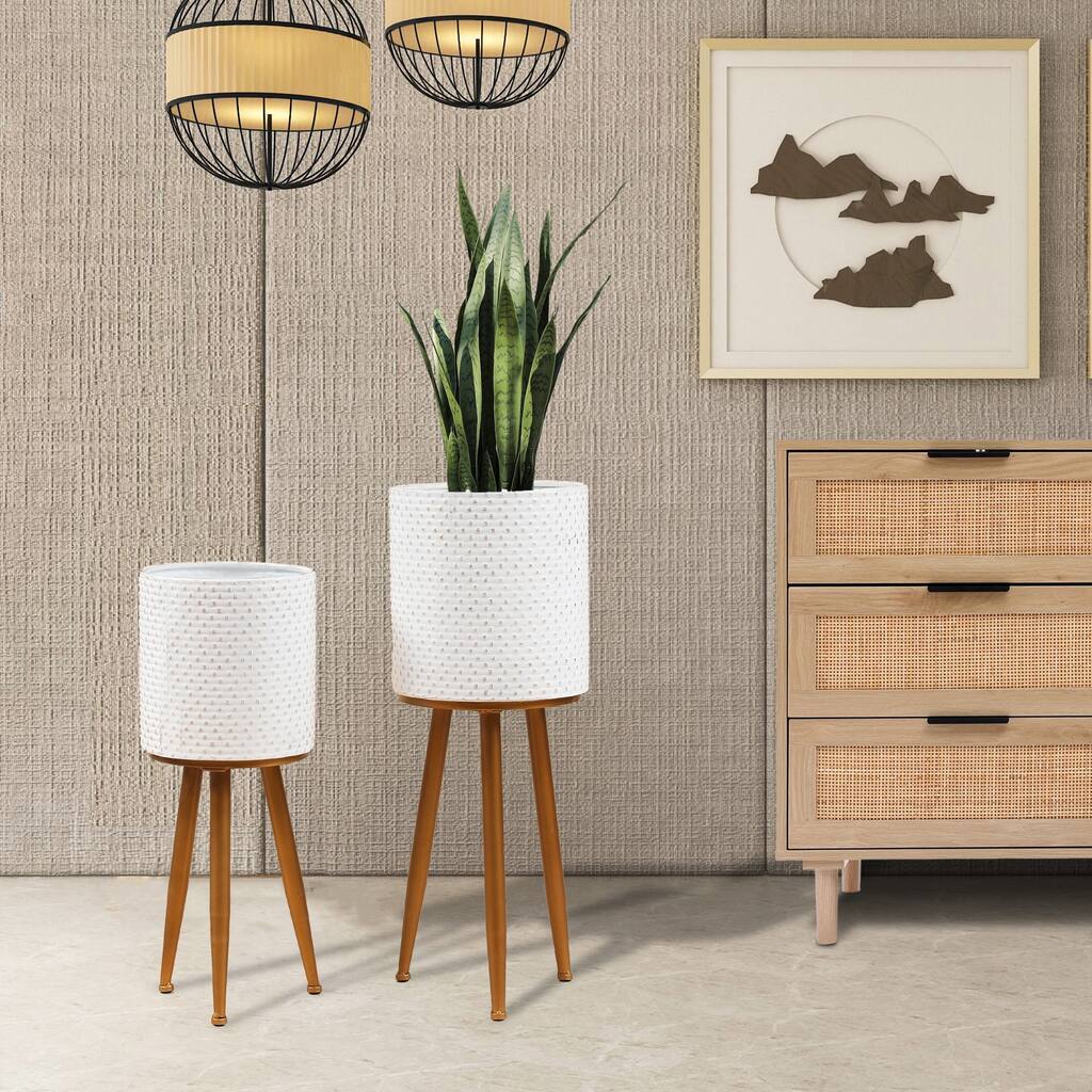 Distressed White Cachepot Planters with Bronze Metal Stands (Set of 2 ...