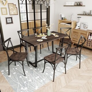 7 Piece Industrial Metal Frame Dining Table Set - Bed Bath & Beyond ...